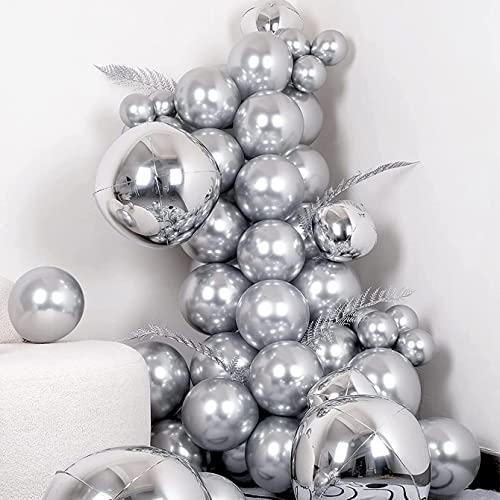 Henviro Silver Balloons Garland Kit - 100 Pcs 5/10/12/18 Inch Metallic Silver Balloons Garland Kit As Party Decorations for Birthday/Bachelorette/Graduation/Valentines Day/Baby Shower/Wedding