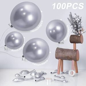 Henviro Silver Balloons Garland Kit - 100 Pcs 5/10/12/18 Inch Metallic Silver Balloons Garland Kit As Party Decorations for Birthday/Bachelorette/Graduation/Valentines Day/Baby Shower/Wedding