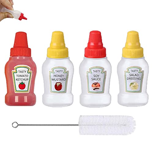 THYULIFE 4Pcs Mini Condiment Squeeze Bottles with Cleaning Brush, 25ml Leakproof Mini Ketchup Sauce Bottles Refillable Ketchup/Soy Sauce/Honey/Salad Dressing Bottles Container for Lunch Box, BPA Free