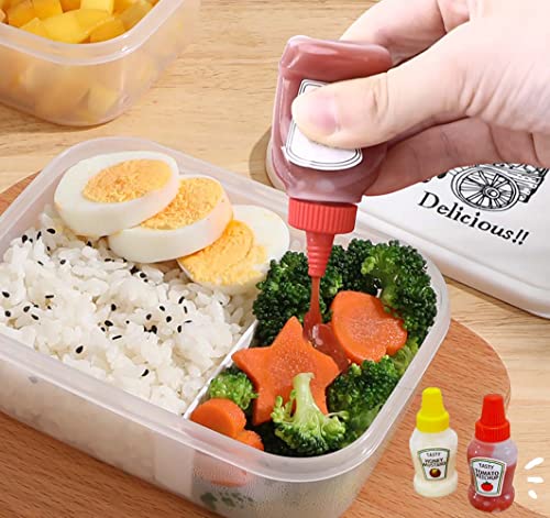 THYULIFE 4Pcs Mini Condiment Squeeze Bottles with Cleaning Brush, 25ml Leakproof Mini Ketchup Sauce Bottles Refillable Ketchup/Soy Sauce/Honey/Salad Dressing Bottles Container for Lunch Box, BPA Free