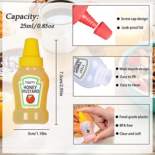 THYULIFE 4Pcs Mini Condiment Squeeze Bottles with Cleaning Brush, 25ml Leakproof Mini Ketchup Sauce Bottles Refillable Ketchup/Soy Sauce/Honey/Salad Dressing Bottles Container for Lunch Box, BPA Free