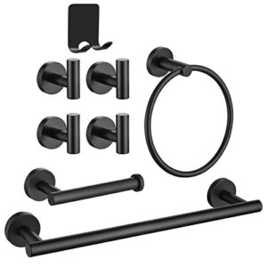 8-piece bathroom hardware accessories set: matte black stainless steel wall mount kit include 16" hand towel bar | towel ring | toilet paper holder | razor holder | 4 robe towel hooks