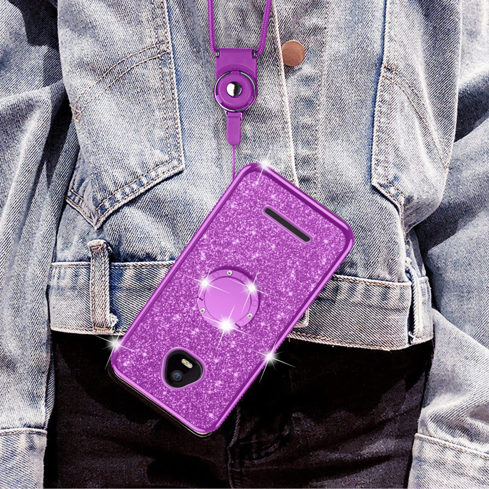 nancheng for Schok Volt SV55 Phone Case (SV55216), Case Schok Volt SV55 Girls Women Glitter Cute Soft TPU Cover with Ring Kickstand Strap Lanyard Bumper Shockproof Protective Cell Case - Purple