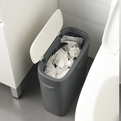 LIFKOME Bathroom Trash Can with Lid 10L Slim Press Type Lid Slim Narrow Bedroom Garbage Can Household Bin Trash Can for Bedroom Living Room Kitchen Toilet Office (Nomal Press Type, Grey White)