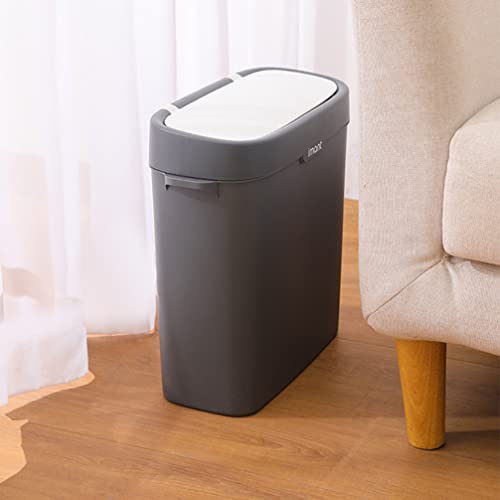 LIFKOME Bathroom Trash Can with Lid 10L Slim Press Type Lid Slim Narrow Bedroom Garbage Can Household Bin Trash Can for Bedroom Living Room Kitchen Toilet Office (Nomal Press Type, Grey White)