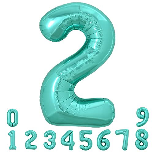 TONIFUL 40 Inch Large Teal Blue Number Balloons, Giant Jumbo Helium Foil Mylar Big Turquoise Number 2 Digital Two Balloons for Birthday Party Anniversary Wedding Decorations