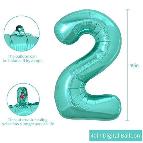 TONIFUL 40 Inch Large Teal Blue Number Balloons, Giant Jumbo Helium Foil Mylar Big Turquoise Number 2 Digital Two Balloons for Birthday Party Anniversary Wedding Decorations