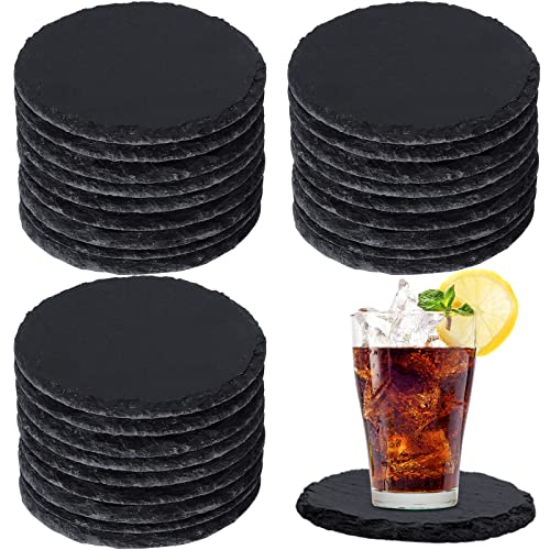 30 Pieces Round Slate Coasters Drink Coasters Bulk, 4 Inch Stone Coasters Bar Coasters Black Cup Coaster with Anti Scratch Bottom for Home Drinks Table Kitchen Housewarming Gifts