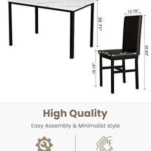 Recaceik Dining Table Set for 4, Kitchen Table and Chairs Set with Faux Marble Tabletop & 4 Leather Upholstered Chairs for Kitchen Dining Room, Compact Space, Dinette Set, White+Brown