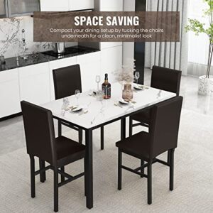 Recaceik Dining Table Set for 4, Kitchen Table and Chairs Set with Faux Marble Tabletop & 4 Leather Upholstered Chairs for Kitchen Dining Room, Compact Space, Dinette Set, White+Brown