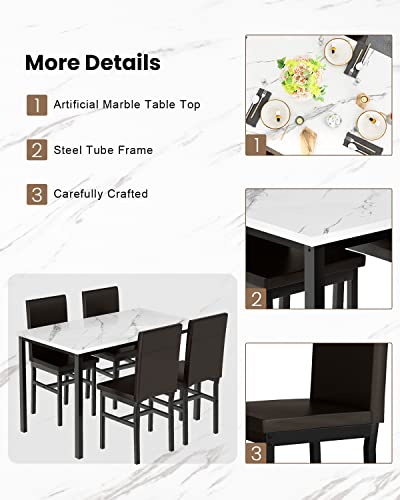 Recaceik Dining Table Set for 4, Kitchen Table and Chairs Set with Faux Marble Tabletop & 4 Leather Upholstered Chairs for Kitchen Dining Room, Compact Space, Dinette Set, White+Brown