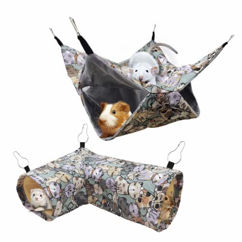 LEFTSTARER Guinea Pig Rat Corner Tunnel & Tubes Ferret Bunkbed Hammock, Guinea Pig Hideout for Hedgehog Piggy Hamster Hide, Small Animal Pet Toys and Cage Accessories (1.Corner Tunnel&Hammock)