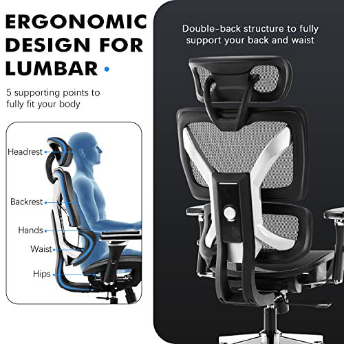 Multifunctional Big and Tall Mesh Office Chair - Adjustable Backrest Height, 4D Arms, Lumbar Support, Headrest and Tilt Angle - Metal Base Quiet Rubber Wheels Ergonomic High Back Computer Desk Chair