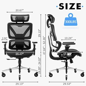 Multifunctional Big and Tall Mesh Office Chair - Adjustable Backrest Height, 4D Arms, Lumbar Support, Headrest and Tilt Angle - Metal Base Quiet Rubber Wheels Ergonomic High Back Computer Desk Chair