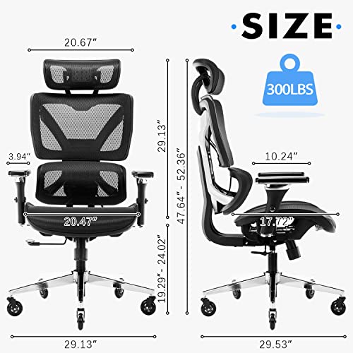 Multifunctional Big and Tall Mesh Office Chair - Adjustable Backrest Height, 4D Arms, Lumbar Support, Headrest and Tilt Angle - Metal Base Quiet Rubber Wheels Ergonomic High Back Computer Desk Chair