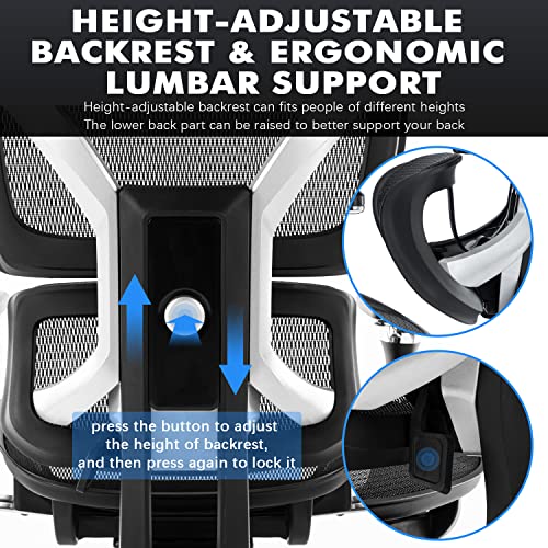 Multifunctional Big and Tall Mesh Office Chair - Adjustable Backrest Height, 4D Arms, Lumbar Support, Headrest and Tilt Angle - Metal Base Quiet Rubber Wheels Ergonomic High Back Computer Desk Chair