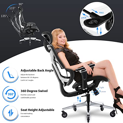 Multifunctional Big and Tall Mesh Office Chair - Adjustable Backrest Height, 4D Arms, Lumbar Support, Headrest and Tilt Angle - Metal Base Quiet Rubber Wheels Ergonomic High Back Computer Desk Chair