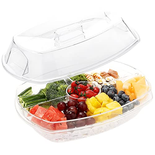 Fruit Platter Tray for Parties, Yatmung Serving Tray on Ice Serving Platter and Tray for Parties Veggie Tray with Lid 4 Section Catering Trays with Lids for Appetizers, Seafood, Desserts, 2 Layers