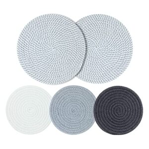 x large 10 inches potholders set 5 pcs trivets set 100% cotton hand woven round place mats for kitchen absorbent, insulated, scratch free table protection 2 pcs 10" and 3 pcs 7"