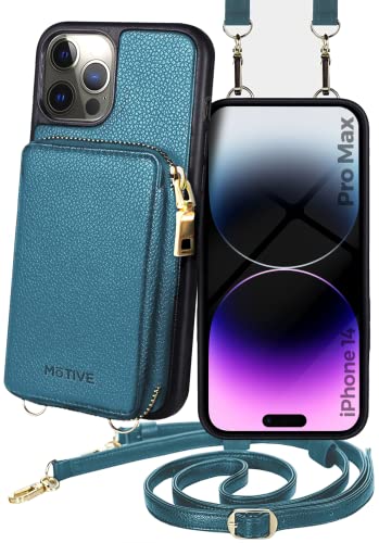 MOTIVE for iPhone 14 Pro Max Wallet Case Designed in New York, Crossbody Phone Case for Apple iPhone 14 Zipper Purse Case Wallet with RFID Blocking Card Holder | 6.7" Blue Teal - Fancy Series