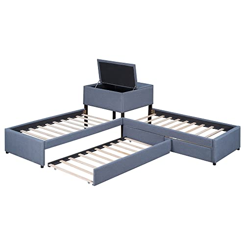 Merax L-Shaped Platform Bed with Trundle and Two Drawers Linked with Built-in Desk, Twin, Grey (Upholstered)