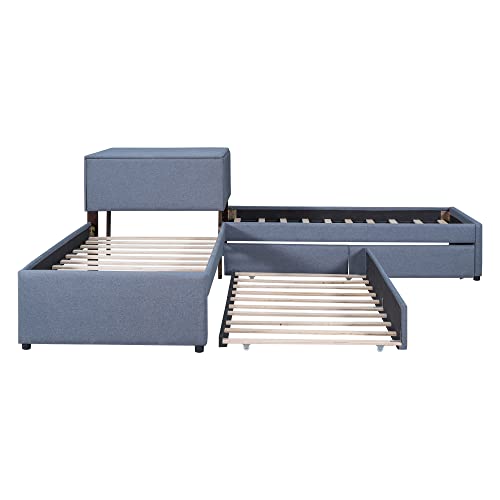 Merax L-Shaped Platform Bed with Trundle and Two Drawers Linked with Built-in Desk, Twin, Grey (Upholstered)