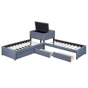 Merax L-Shaped Platform Bed with Trundle and Two Drawers Linked with Built-in Desk, Twin, Grey (Upholstered)