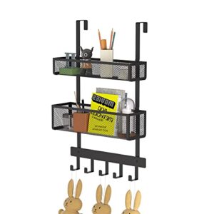 amooson over the door hooks organizer hanger, coat hooks towel rack with 2 mesh basket 5 hooks hanging storage spice rack for bathroom bedroom kitchen over the door storage organizer, black