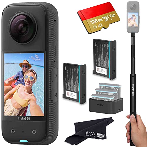 Insta360 X3 - Waterproof 360 Action Camera Bundle Includes Extra 2 Batteries, Charger, Invisible Selfie Stick & 128GB Memory Card