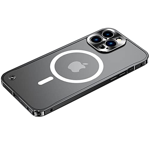 Magnetic Case for iPhone 14 Pro Max Case Compatible with MagSafe Metal Aluminum Alloy Bumper Matte Translucent Back Cover with Camera Lens Protector and Safety Lock (Black)