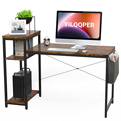 YILQQPER Computer Desk 51 x 22 inches Large Office Desk, Gaming Desk, Writing Desk for Home Office Workstation, Modern Simple Style Wooden Table with Open Shelves and Storage Bag (Rustic Brown)