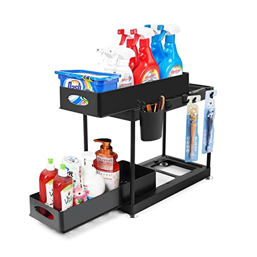 Pull Out Under Sink Organizers and Storage for Bathroom and Kitchen, 2 Tier Double Sliding Under Cabinet Storage Organizer with Hooks, Hanging Cup, Pull Out Double Shelf Drawer