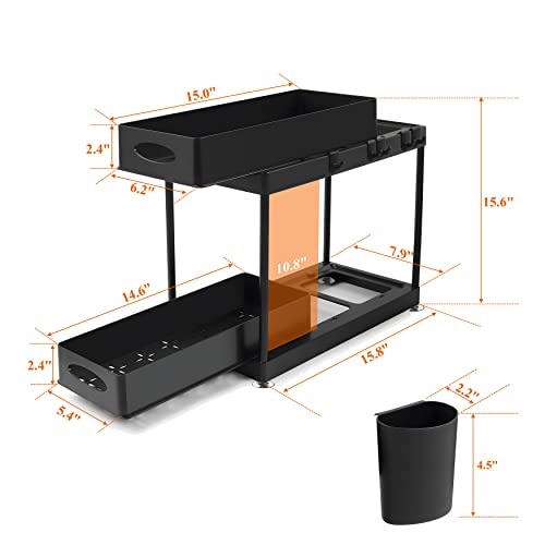 Pull Out Under Sink Organizers and Storage for Bathroom and Kitchen, 2 Tier Double Sliding Under Cabinet Storage Organizer with Hooks, Hanging Cup, Pull Out Double Shelf Drawer