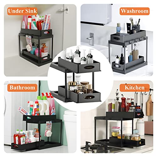 Pull Out Under Sink Organizers and Storage for Bathroom and Kitchen, 2 Tier Double Sliding Under Cabinet Storage Organizer with Hooks, Hanging Cup, Pull Out Double Shelf Drawer