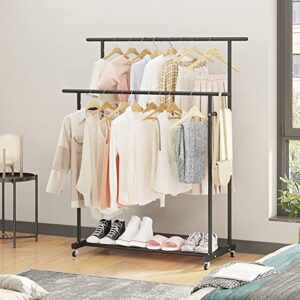 Calmootey Double Rod Clothing Garment Rack,Rolling Hanging Clothes Rack,Portable Clothes Organizer for Bedroom,Living Room,Clothing Store,Black