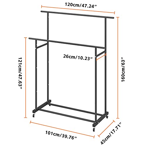 Calmootey Double Rod Clothing Garment Rack,Rolling Hanging Clothes Rack,Portable Clothes Organizer for Bedroom,Living Room,Clothing Store,Black