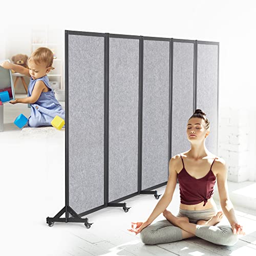 Artigwall Aluminum Alloy Room Divider 180 Portable Wall Partition | Freestanding Office Divider | Folding Privacy Screen | Locking Wheels | Temporary Room Separator | 5 Panels (5, Light Grey)