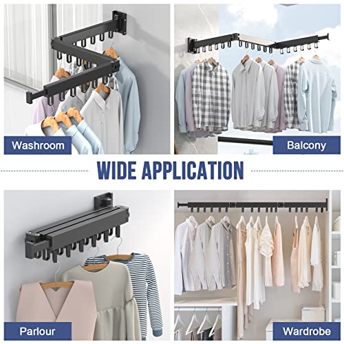 MIFXIN Retractable Clothes Drying Rack Tri-Fold Laundry Wall Mounted Windproof Clothing Drying Rack Hanger Collapsible Space Saver Foldable Clothes Hanger Rack for Laundry Balcony (Black)