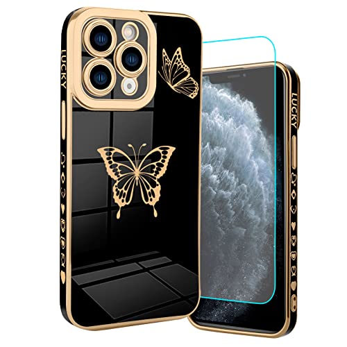 BITOBE Designed for iPhone 11 Pro Case Cute Butterflies Design for Women Girls,Luxury Plating Edge Bumper Full Camera Lens Protection Cover with Screen Protector for iPhone 11 Pro 5.8“-Black