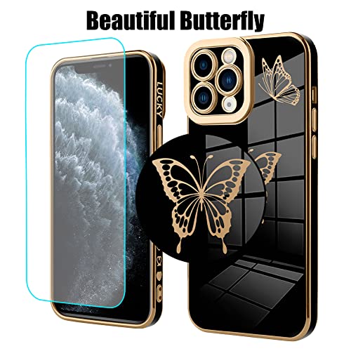 BITOBE Designed for iPhone 11 Pro Case Cute Butterflies Design for Women Girls,Luxury Plating Edge Bumper Full Camera Lens Protection Cover with Screen Protector for iPhone 11 Pro 5.8“-Black