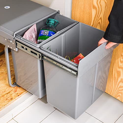 TANYOYO 40 Quarts Double Sliding Trash Can Under Cabinet Kitchen Sliding Out Under Counter Waste Bin Kitchen Pull Out Recycling Bin Dual Waste Containers Under Sink Waste sorter Fixable Base