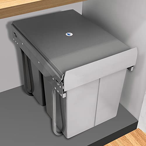 TANYOYO 40 Quarts Double Sliding Trash Can Under Cabinet Kitchen Sliding Out Under Counter Waste Bin Kitchen Pull Out Recycling Bin Dual Waste Containers Under Sink Waste sorter Fixable Base