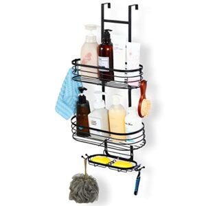 Fogein Over the Door Shower Caddy, 3 Tier Hanging Organizer Shelf Rustproof, Shower Basket with Suction Cup, Bathroom Shower Caddy Over The Door with Hook & Soap Box, No Drilling(Black)