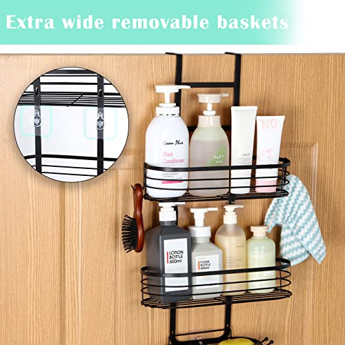 Fogein Over the Door Shower Caddy, 3 Tier Hanging Organizer Shelf Rustproof, Shower Basket with Suction Cup, Bathroom Shower Caddy Over The Door with Hook & Soap Box, No Drilling(Black)