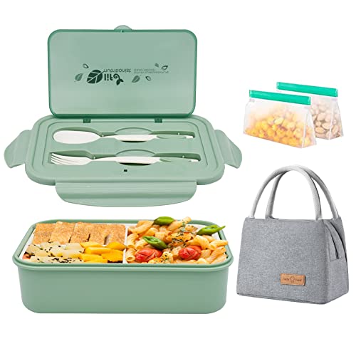 Bento Lunch Box for Kids, All-in-One Bento Lunch Box Container for Childrens, Built-in Plastic Utensil Set, and Insulation Lunch Bag, BPA-Free (Green)