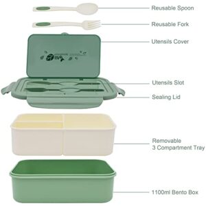 Bento Lunch Box for Kids, All-in-One Bento Lunch Box Container for Childrens, Built-in Plastic Utensil Set, and Insulation Lunch Bag, BPA-Free (Green)