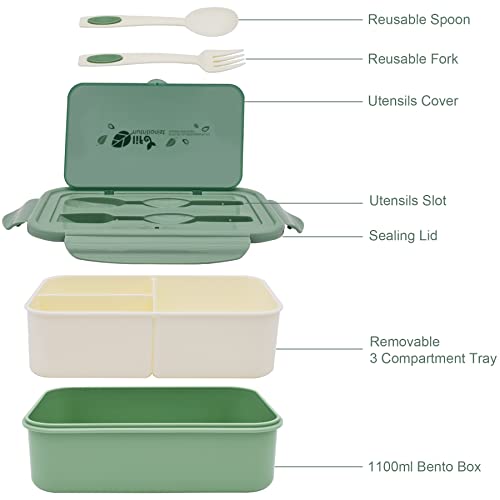 Bento Lunch Box for Kids, All-in-One Bento Lunch Box Container for Childrens, Built-in Plastic Utensil Set, and Insulation Lunch Bag, BPA-Free (Green)