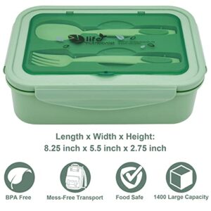 Bento Lunch Box for Kids, All-in-One Bento Lunch Box Container for Childrens, Built-in Plastic Utensil Set, and Insulation Lunch Bag, BPA-Free (Green)