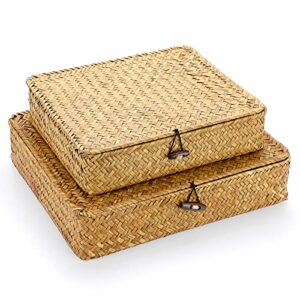 hipiwe set of 2 flat woven wicker storage bins with lid natural seagrass basket boxes multipurpose home organizer bins boxes for shelf organizer, caramel