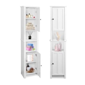 unovivy tall bathroom storage cabinet floor standing freestanding linen tower with 2 doors & 6 shelves, 15.7x 11.8x 66.9 inches, for living room, kitchen, off-white